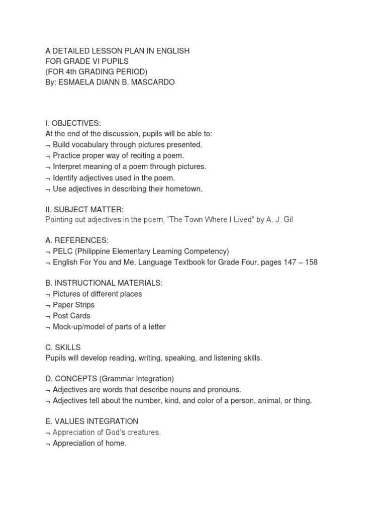 A Detailed Lesson Plan in English | PDF | Adjective | English Language