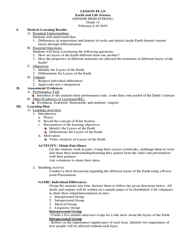 Lesson Plan Earth and Life Science (Senior High School) | PDF | Mantle ...