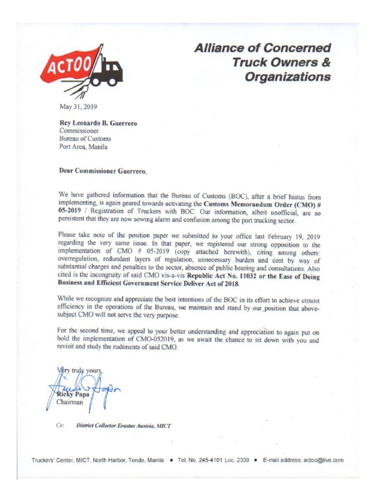 Alliance of Truck Owners and Organizations President Letter To Bureau ...