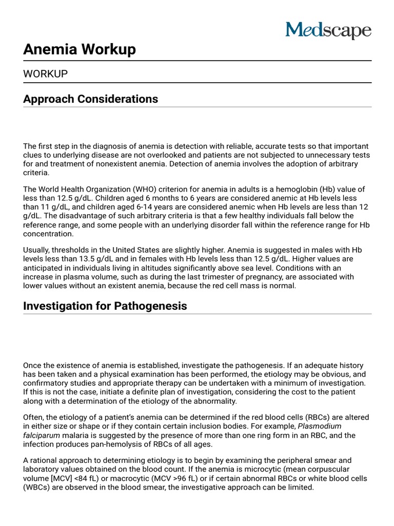 Anemia Workup - Approach Considerations, Investigation For Pathogenesis ...