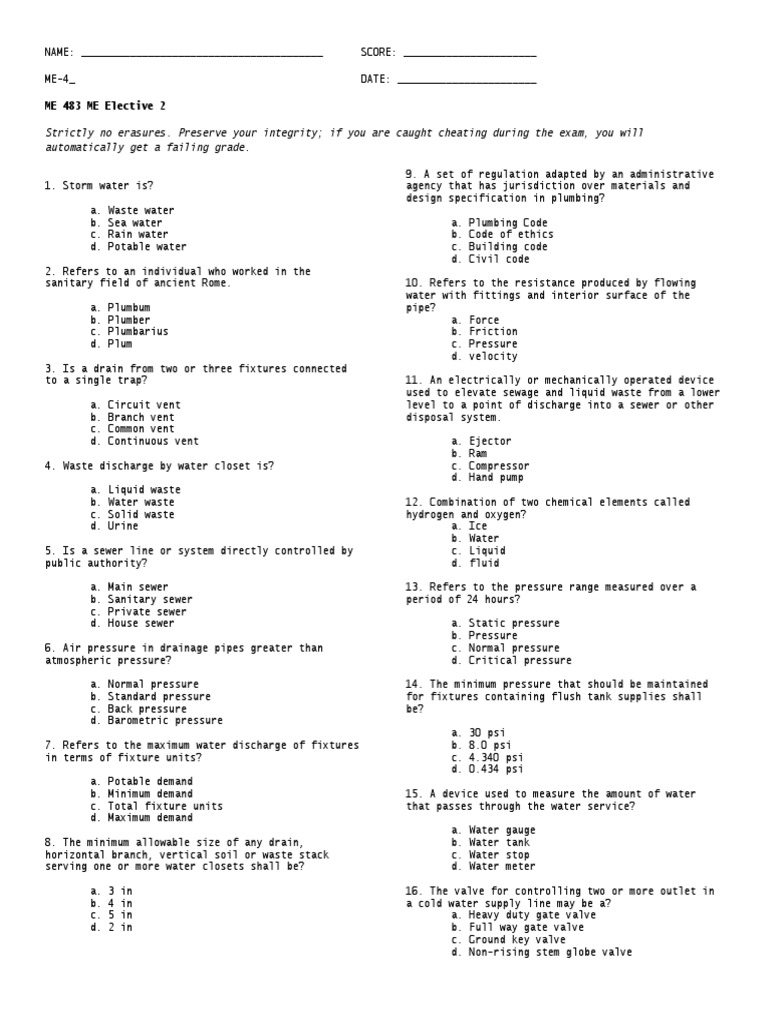 ME Elective Sample Quiz | PDF | Sanitary Sewer | Plumbing