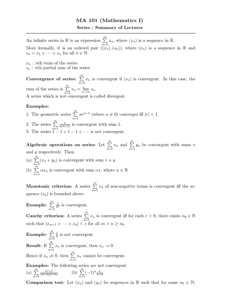 MA 101 (Mathematics I) : N N N N N N 1 N | PDF | Series (Mathematics ...