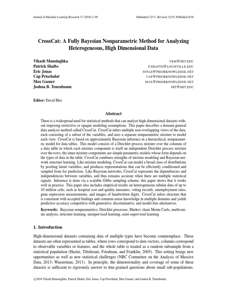 Crosscat: A Fully Bayesian Nonparametric Method For Analyzing Heterogeneous, High Dimensional ...