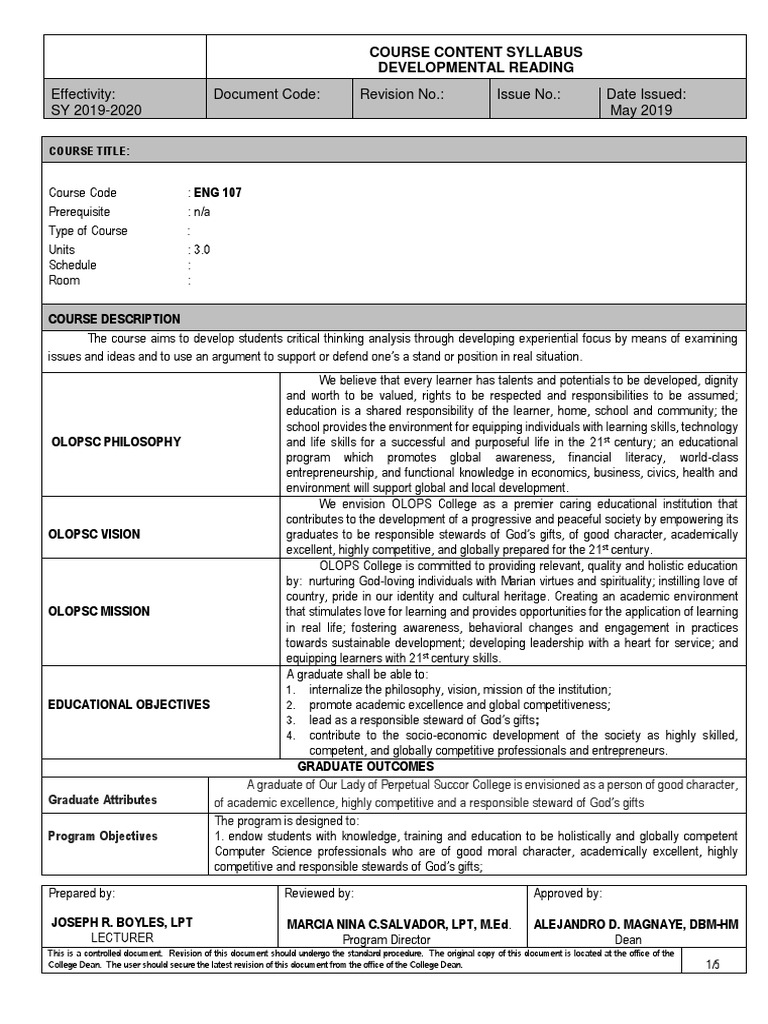 Ok - Developmental Reading 1 - Course Syllabus | PDF | Reading ...