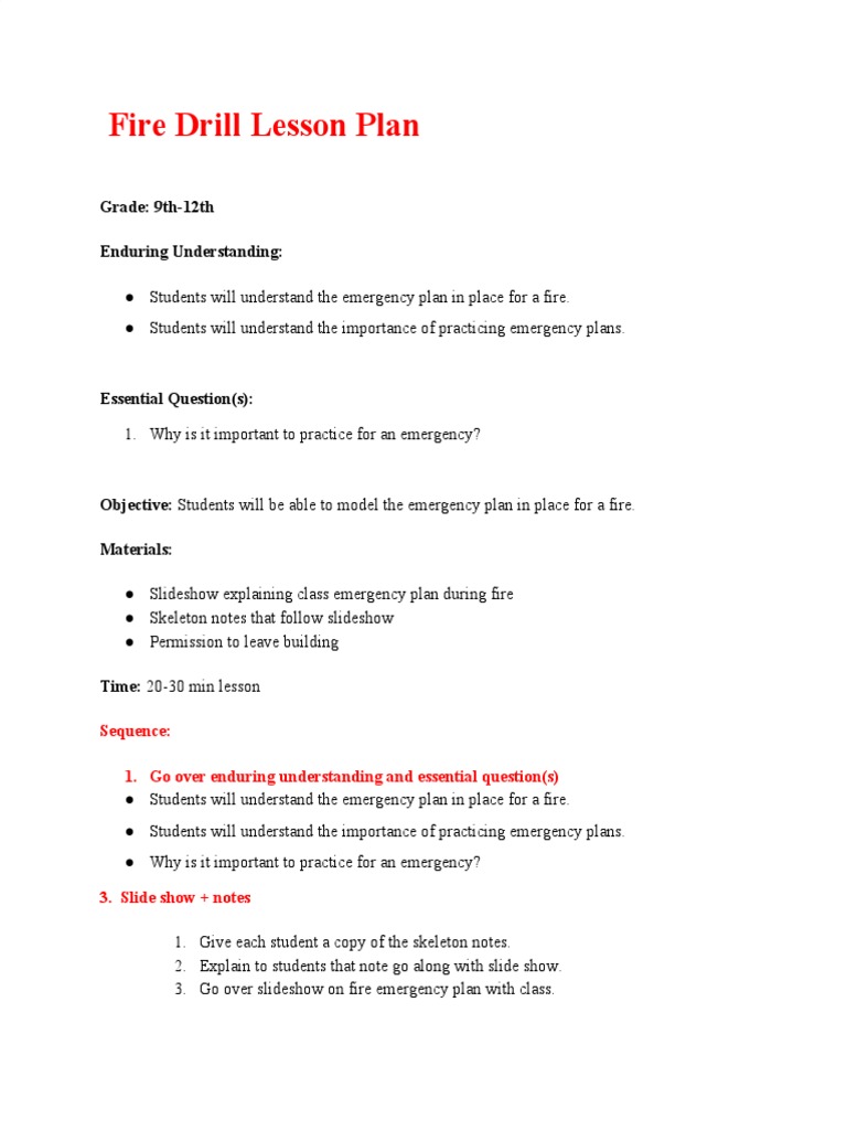 Fire Drill Lesson Plan: Grade: 9th-12th Enduring Understanding | PDF