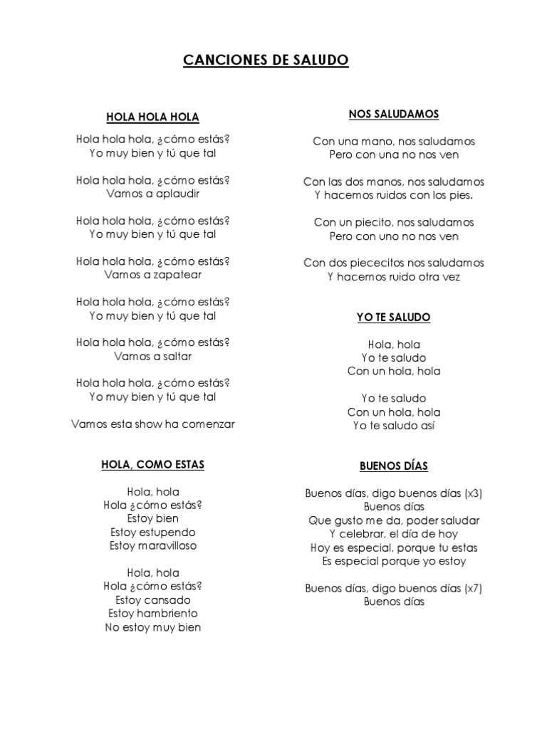 Canciones de saludo para niños | PDF | Artes del Lenguaje y Comunicación