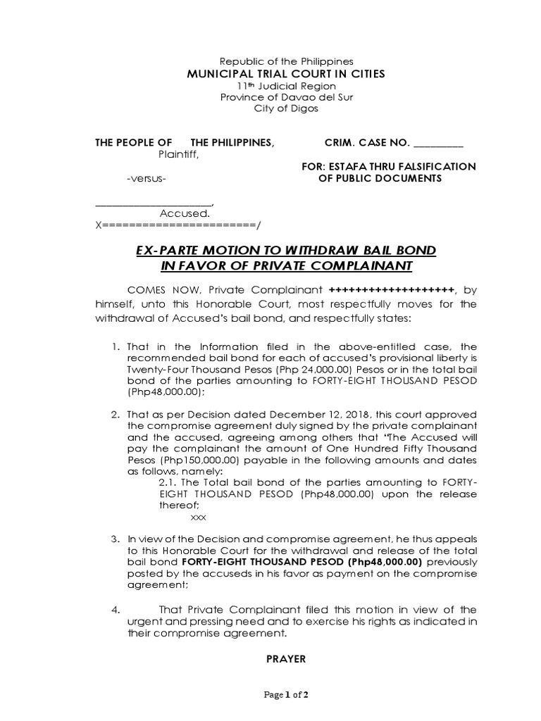 Motion To Withdraw Cash Bond | PDF | Bail | Social Institutions