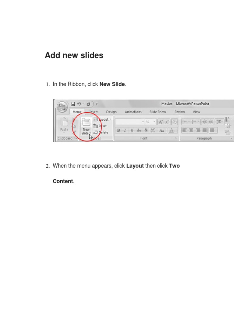 Add New Slides: in The Ribbon, Click New Slide | PDF