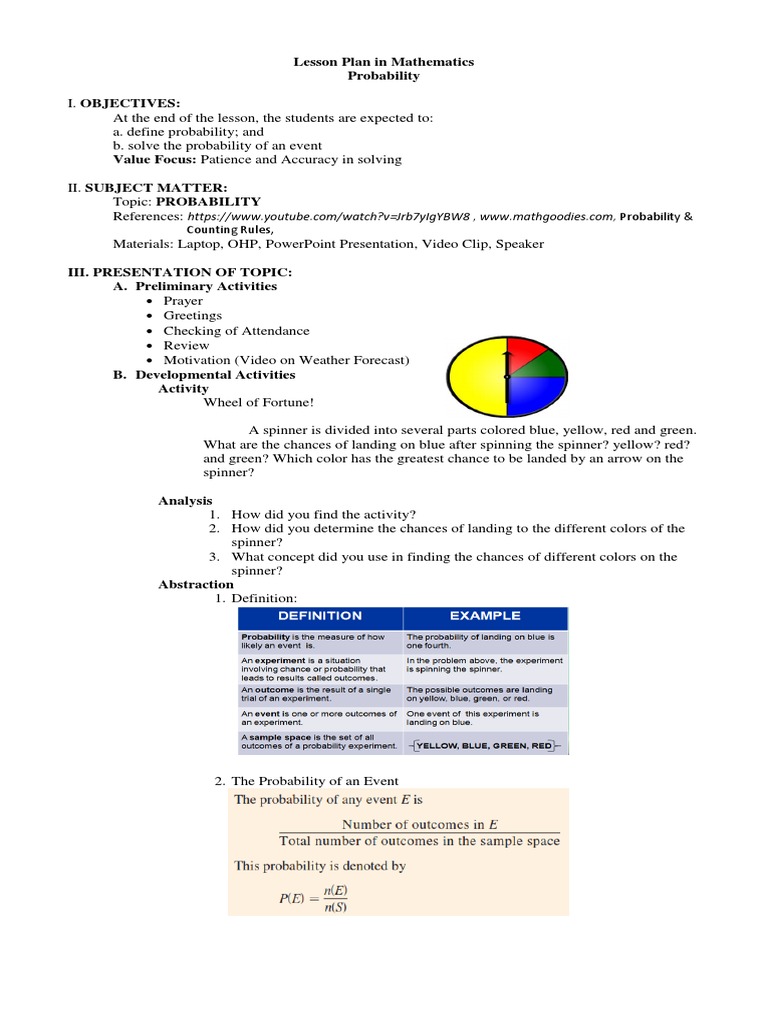 Lesson Plan in Mathematics Probability: Counting Rules | Download Free ...