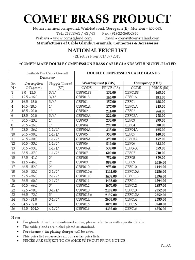 Comet Brass Product: National Price List | PDF | Manufactured Goods ...