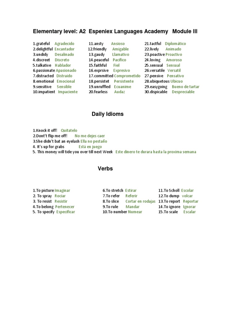 A2 English Vocabulary and Idioms Guide | PDF