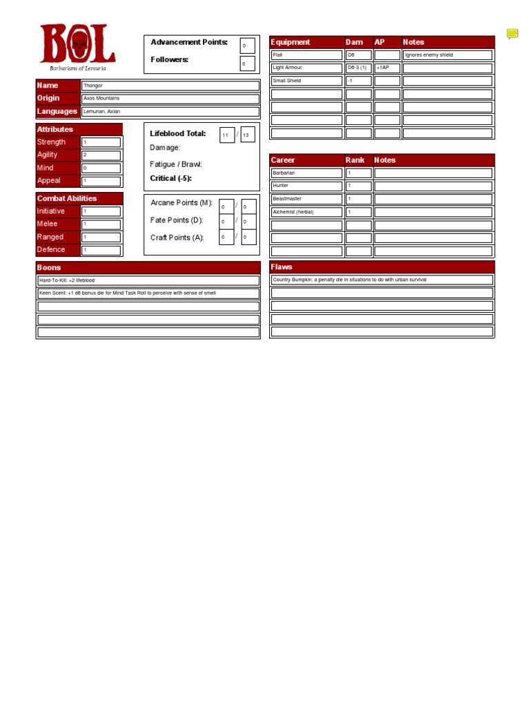 BoL Sheet - Fillable | PDF | Gaming | Role Playing Games