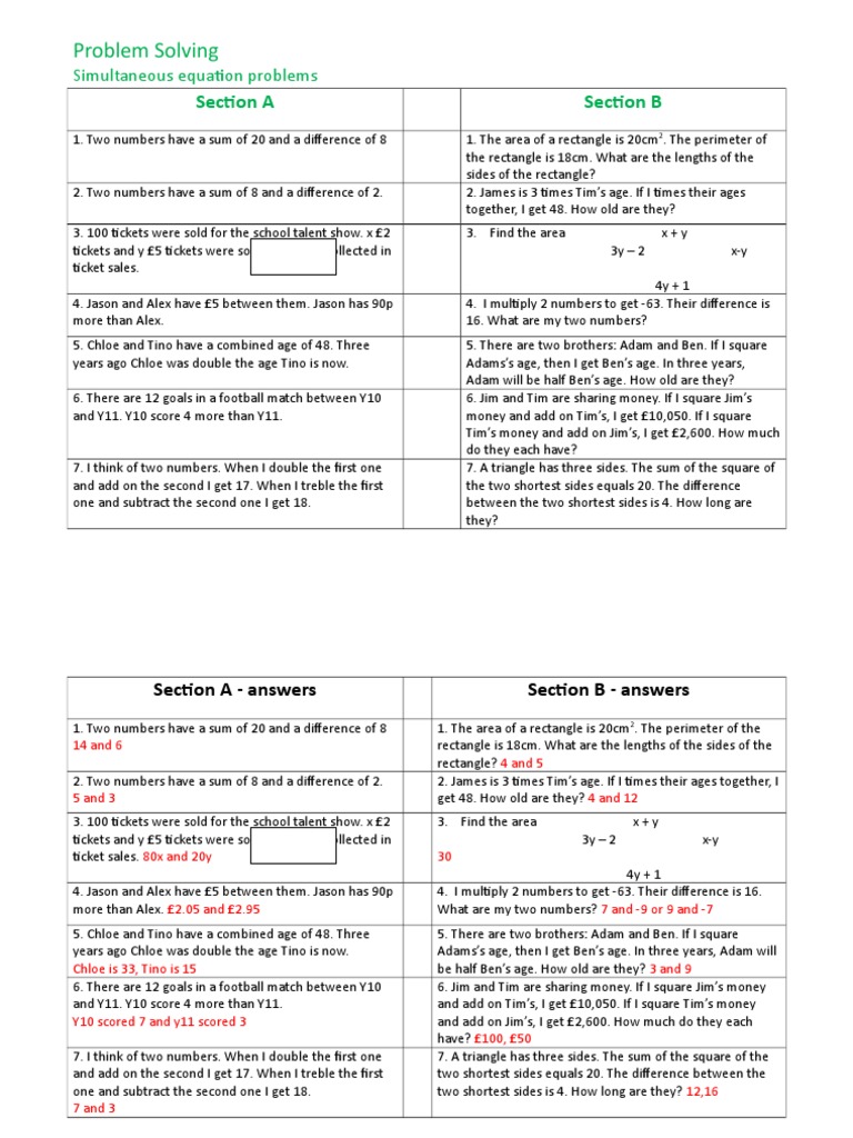 Worded Simultaneous Equations Download Free Pdf Area Mathematical