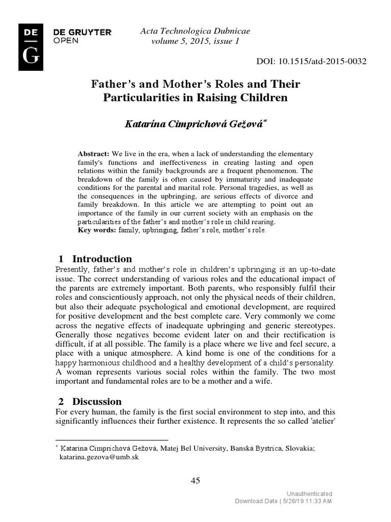 (Acta Educationis Generalis) Fathers and Mothers Roles and Their ...