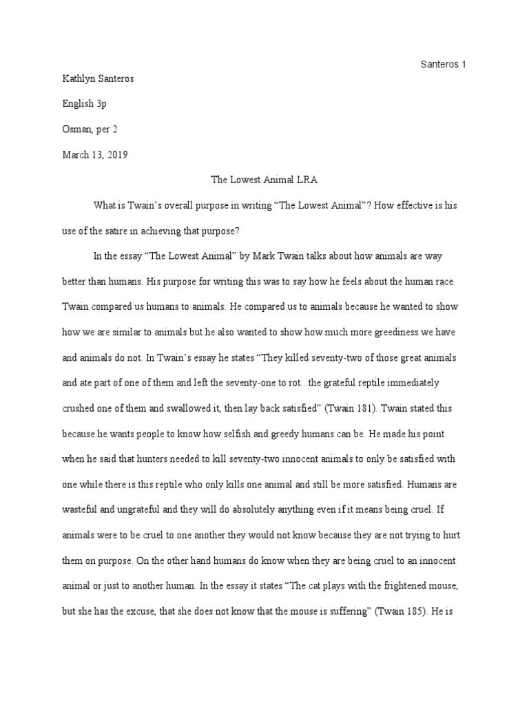 The Lowest Animal Lra | PDF | Mark Twain