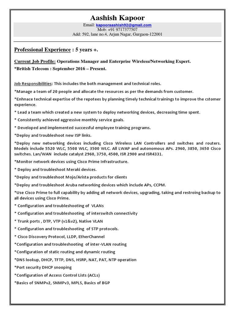 Aashish Kapoor Resume | PDF | Network Switch | Wireless Lan