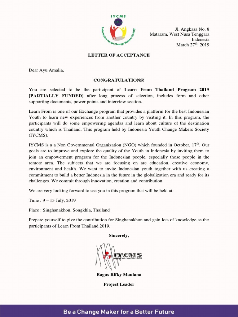 Acceptance Letter for Learn From Thailand | PDF