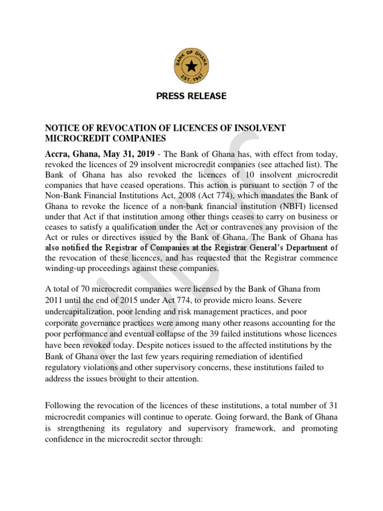 Notice of Revocation of Licences of Insolvent Microcredit Companies ...