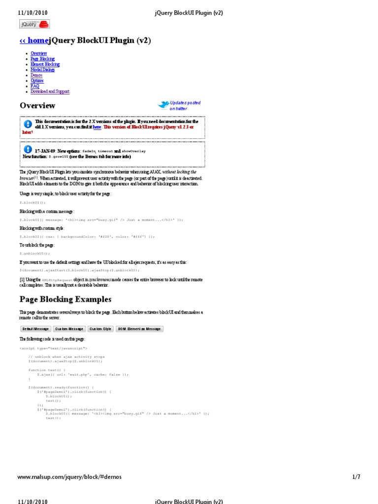 jQuery BlockUI Plugin (v2) Documentation and Demos | PDF | J Query | Ajax (Programming)