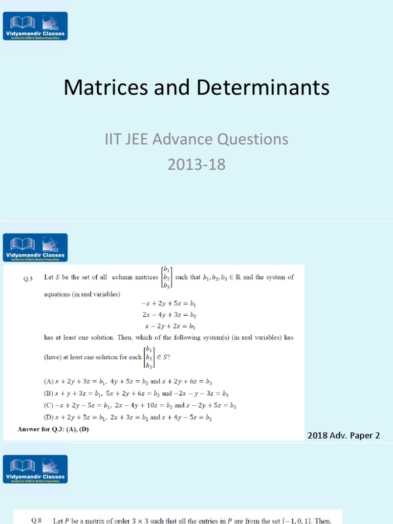 Matrices and Determinants: IIT JEE Advance Questions 2013-18 | PDF ...