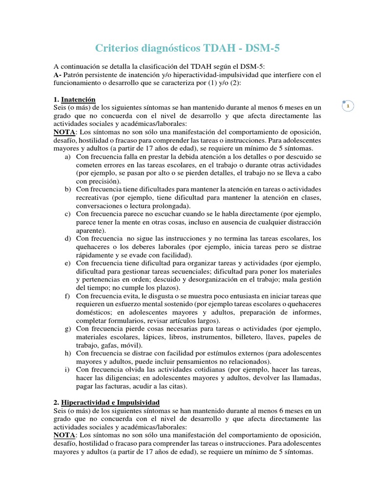 Criterios DSM-5 para Diagnóstico de TDAH | PDF | Desorden hiperactivo y ...
