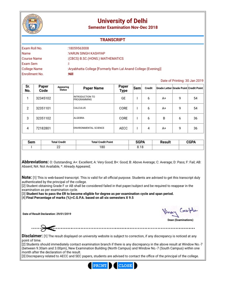 University of Delhi: Semester Examination Nov-Dec 2018 Transcript | PDF ...