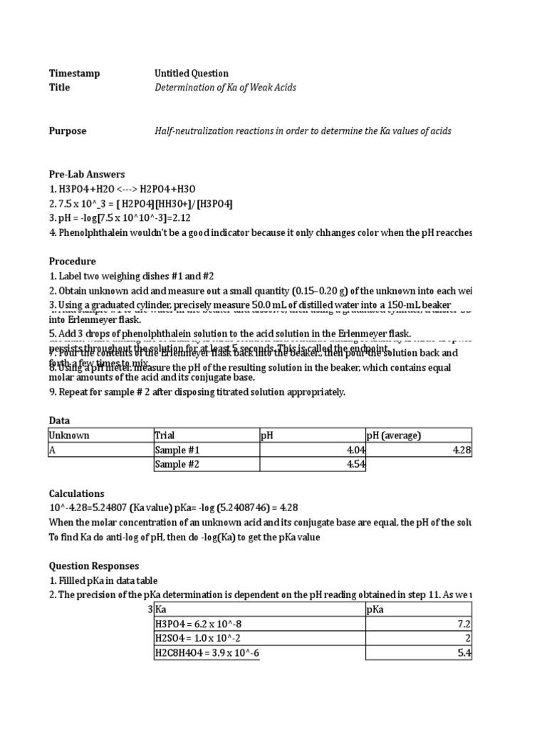 Determining Ka of Weak Acids Lab | PDF | Acid Dissociation Constant | Ph