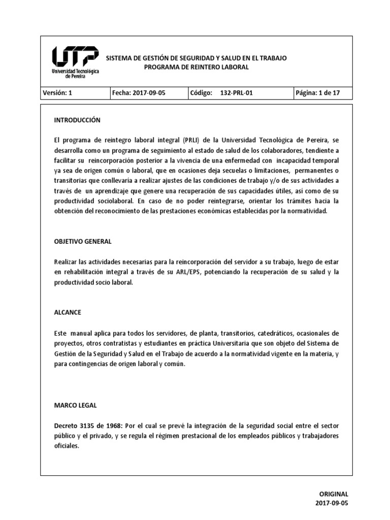 132-PRL-01 V1 Programa de Reintegro Laboral | PDF | Salario Y Pensión | Labor