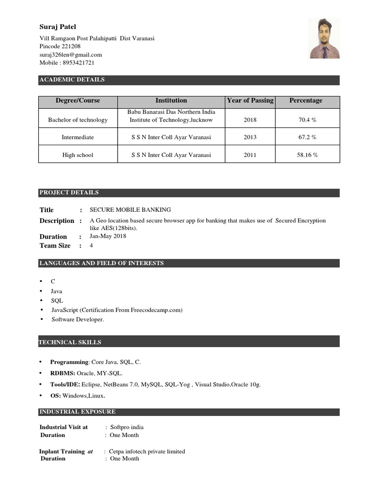 Resume of Suraj Patel - Software Developer | PDF