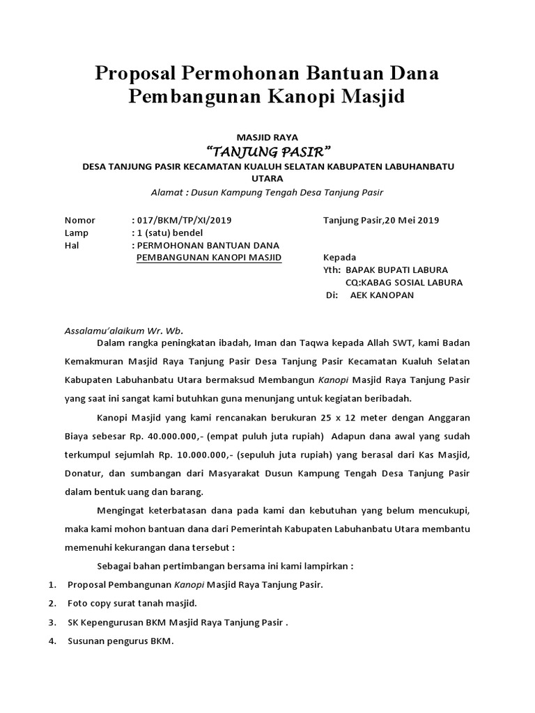 Proposal Permohonan Bantuan Dana Pembangunan Kanopi Masjid: "Tanjung Pasir" | PDF