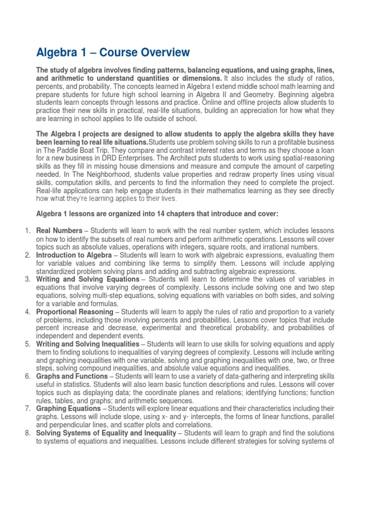 Algebra 1 - Course Overview | PDF | Trigonometric Functions | Trigonometry