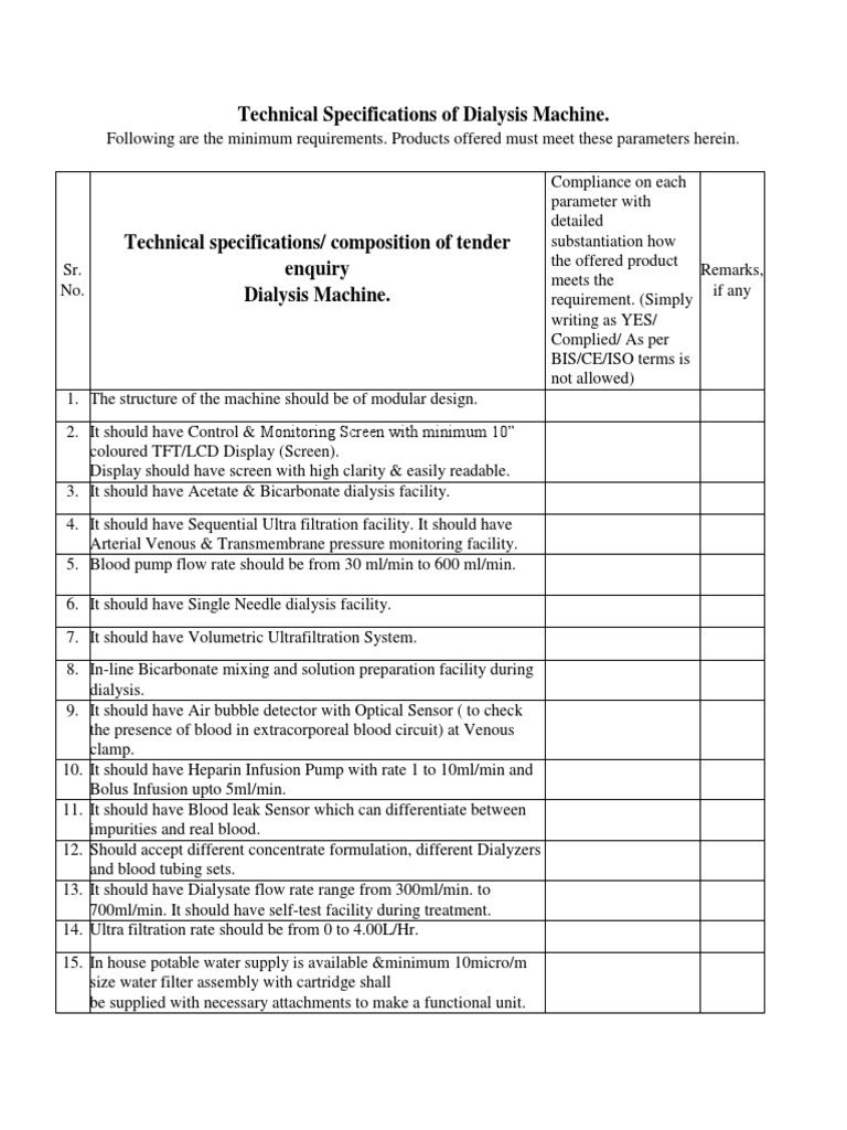 Dialysis Machine Technical Specifications | PDF | Dialysis | Medicine