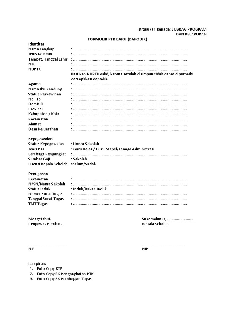 Formulir PTK Baru Dapodik | PDF