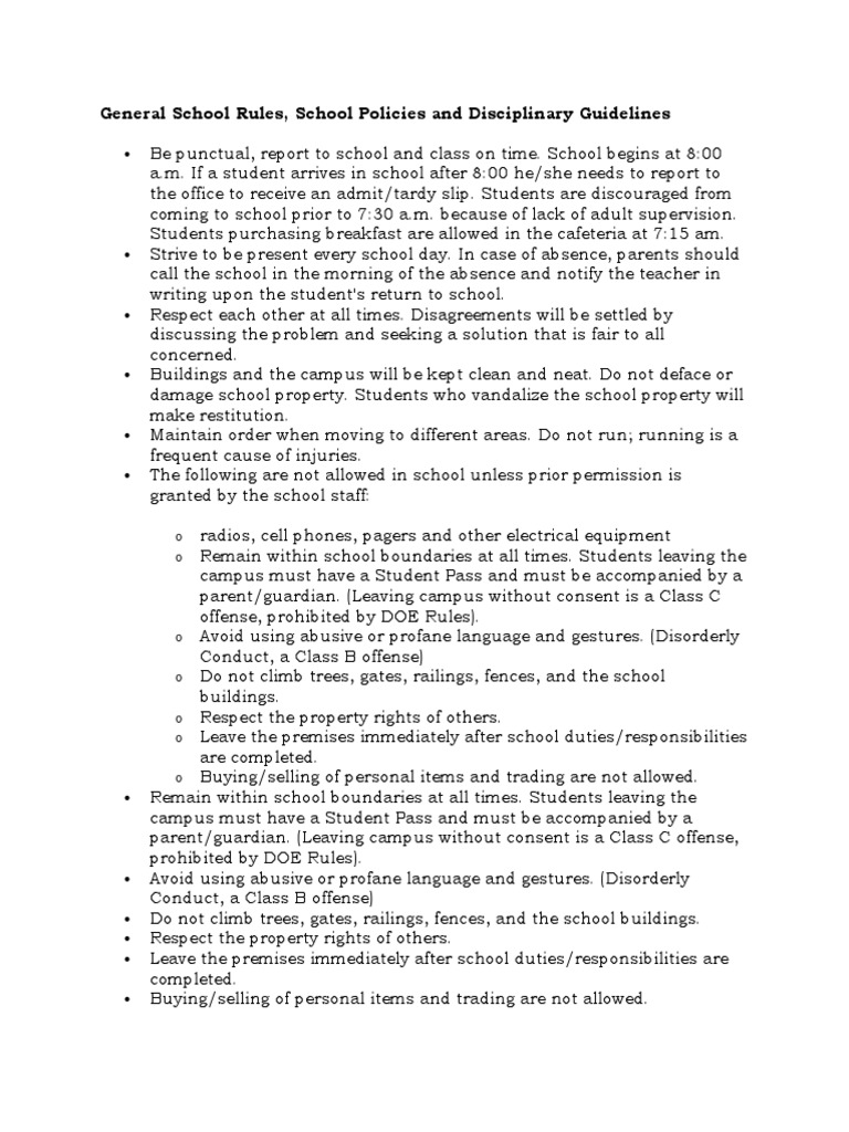 General School Rules School Policies And Disciplinary Guidelines PDF