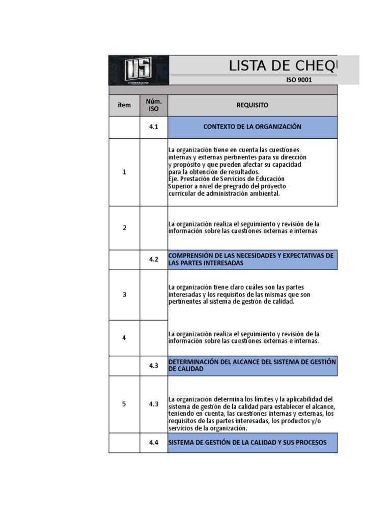 LISTA de Chequeo Iso 90001 | PDF | Gestión de la calidad | Calidad ...
