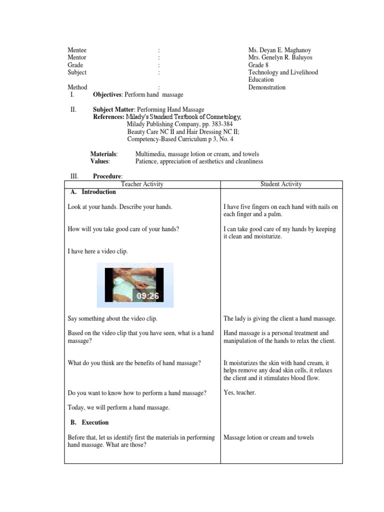 Lesson Plan TLE 8 Hand Spa | PDF | Hand | Massage