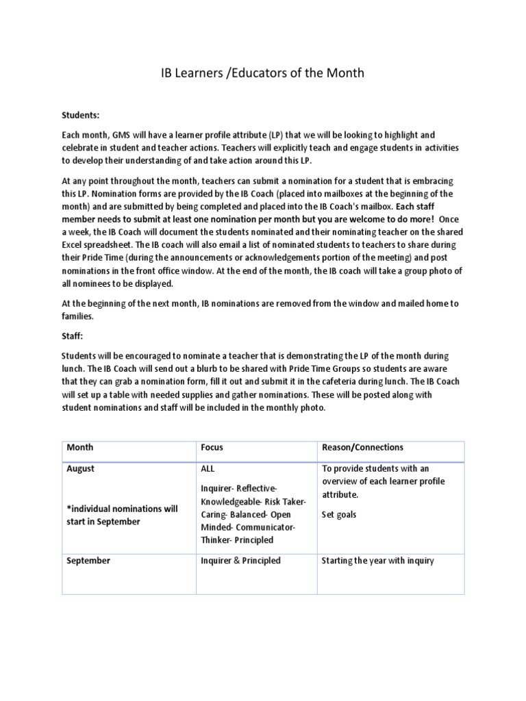 Ib Learner Profile of The Month Recognition | PDF | Pedagogy ...