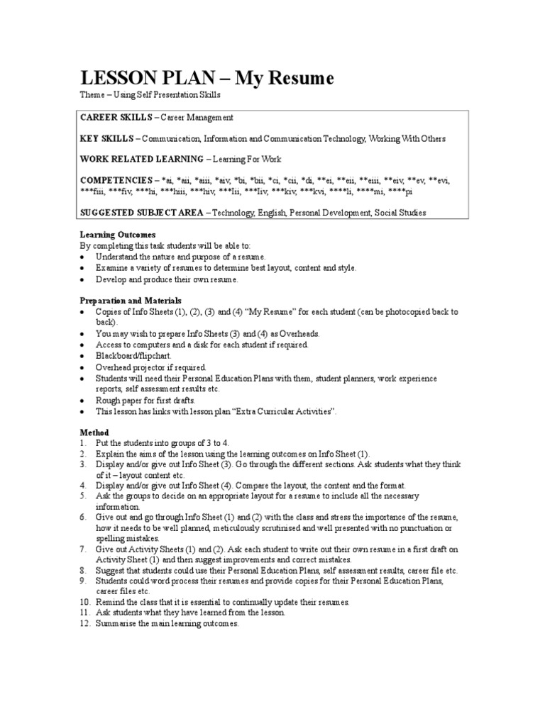 Lesson Plan 10 - My Resume | PDF | Résumé | Lesson Plan
