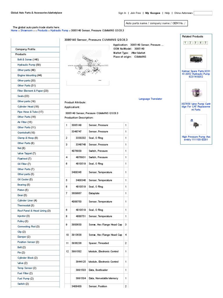 Sensor, Pressure CUMMINS QSC8.3, OEMNO - 3085140, Application - 3085140 ...