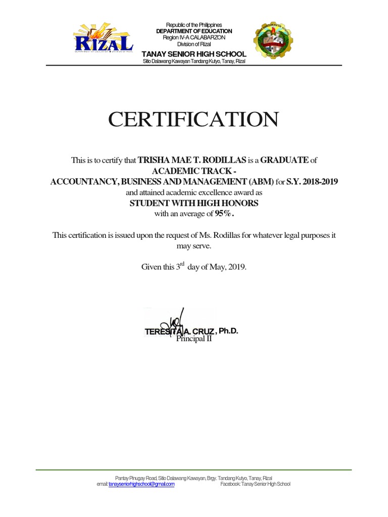 Certification of Honor Graduates 2019 | PDF | Communication