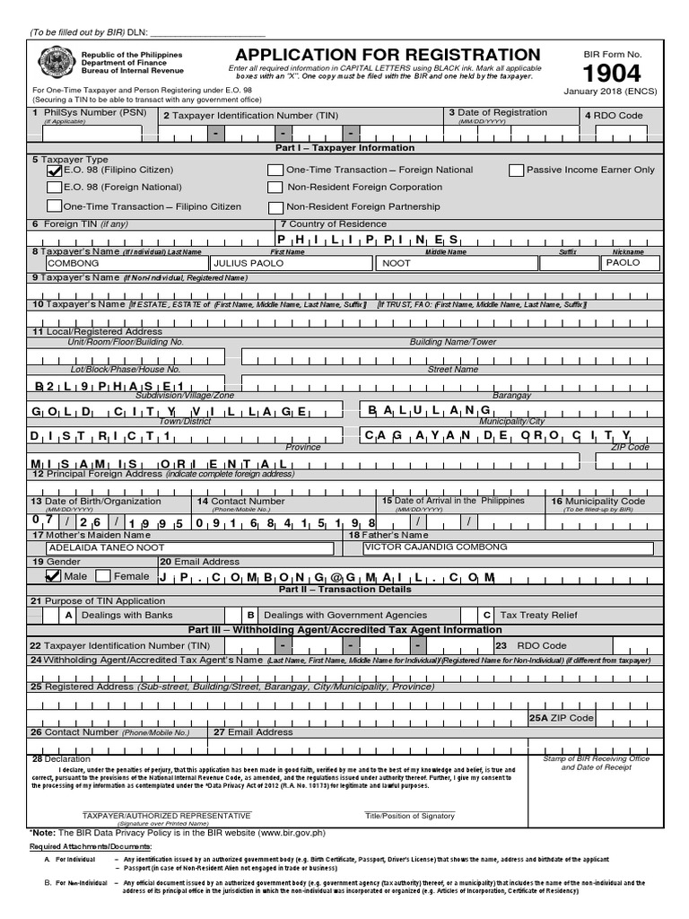 BIR Form 1904 Registration Guide | PDF | Taxpayer | Identity Document
