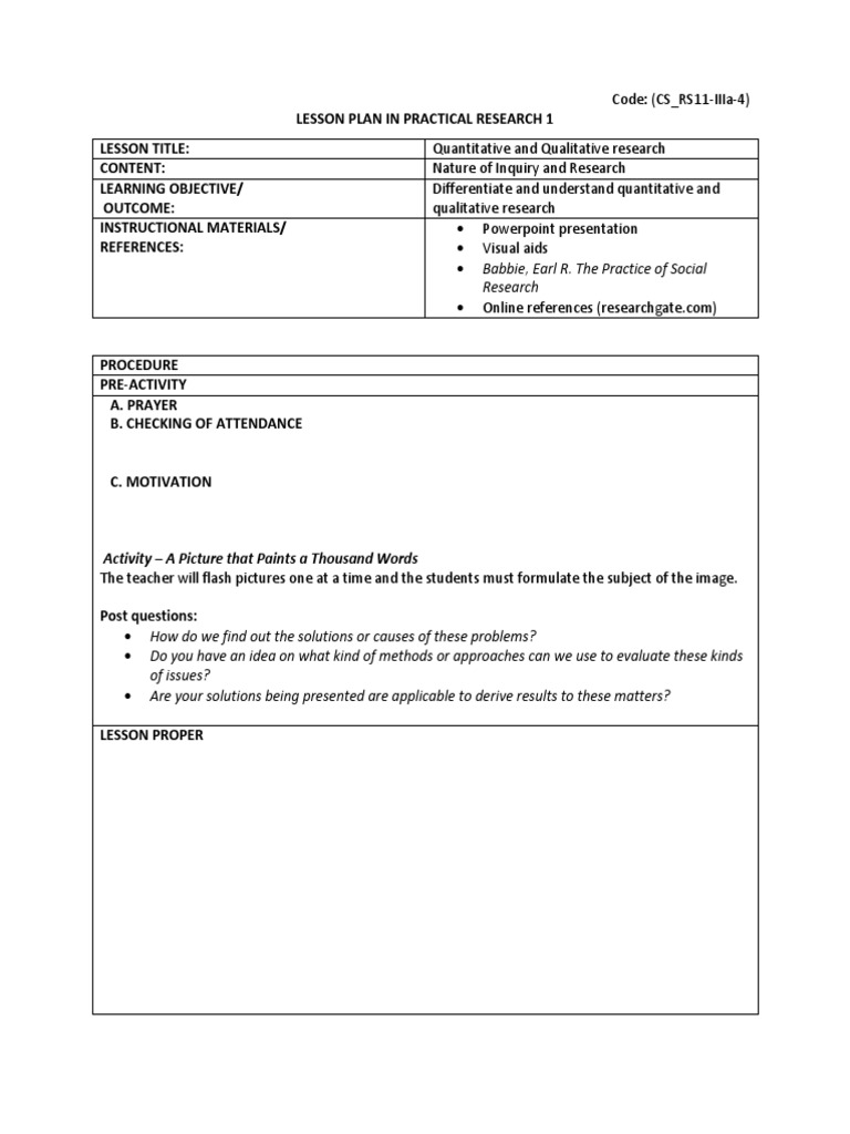 Lesson Plan For PR1 | PDF | Qualitative Research | Lesson Plan