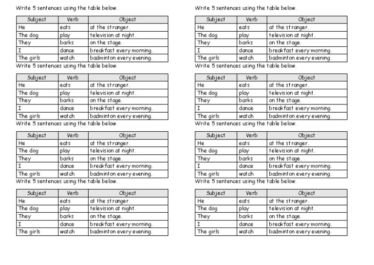Substitution Table Sentence Exercise | PDF | Object (Grammar) | Subject ...