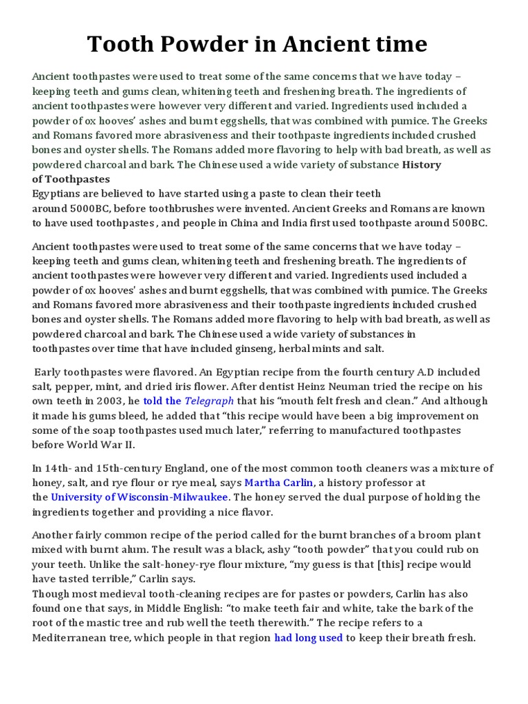Ancient Tooth Powders and Their Ingredients | PDF | Oral Hygiene | Hygiene