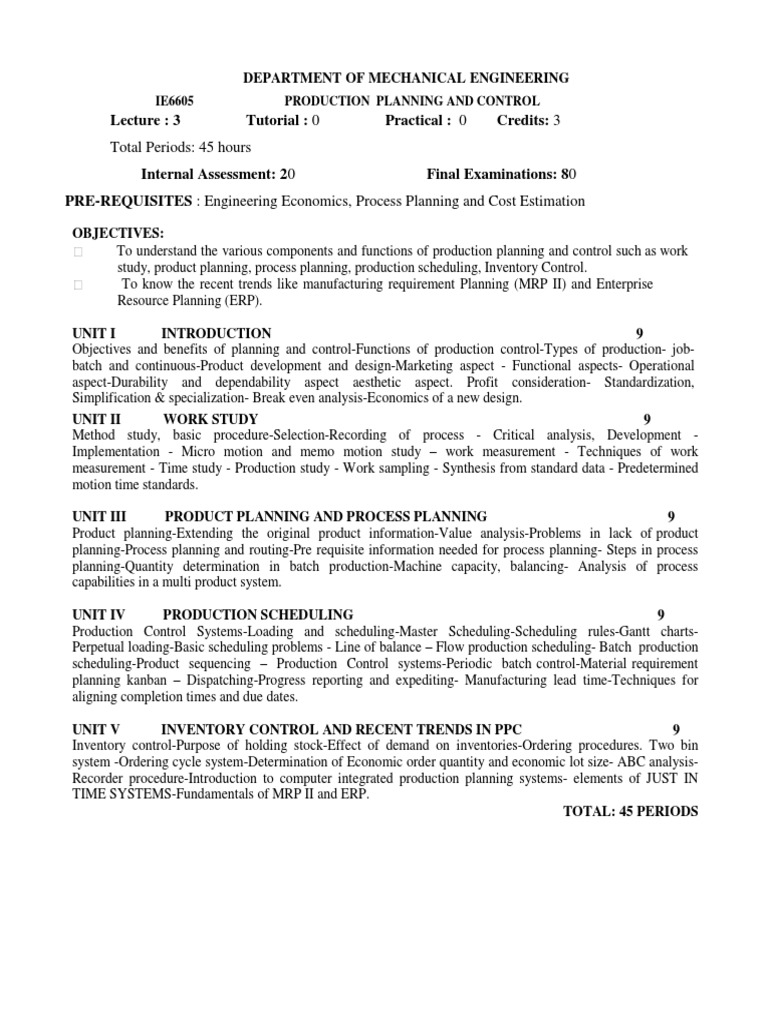 PPC SYLLABUS | PDF | Scheduling (Production Processes) | Operations ...