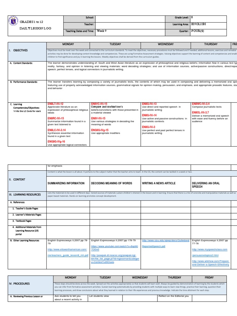 DLL Eng8 4thQ Week 9 | PDF | Learning | Teachers