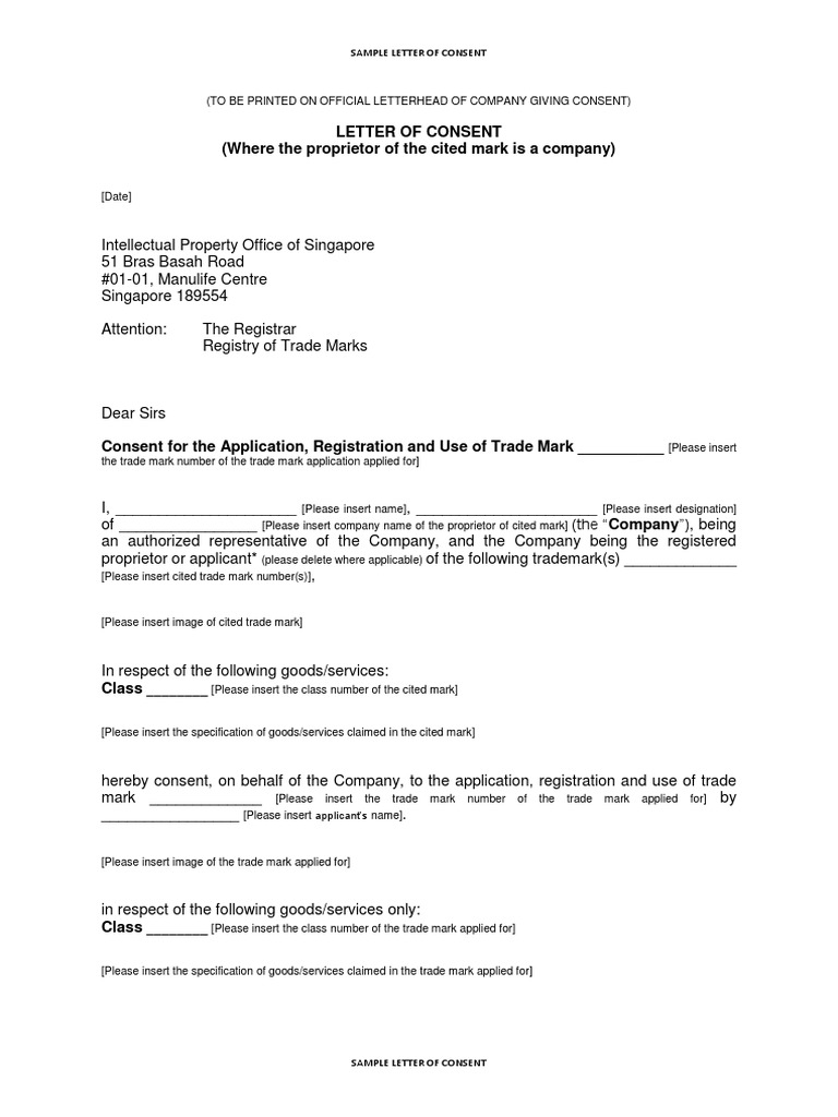 Letter Of Consent (Where the proprietor of the cited mark is a company ...