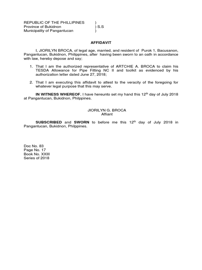 Affidavit (TESDA Allowance) | PDF | Affidavit | Comparative Law