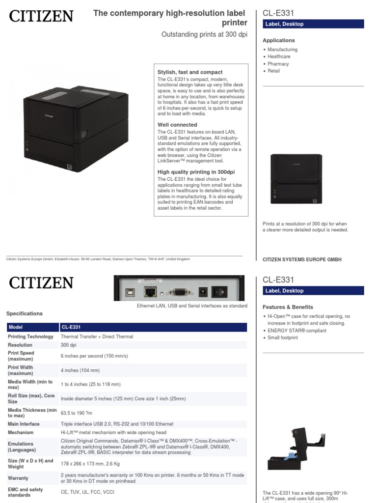 Datasheet CL E331 en | PDF | Printer (Computing) | Usb