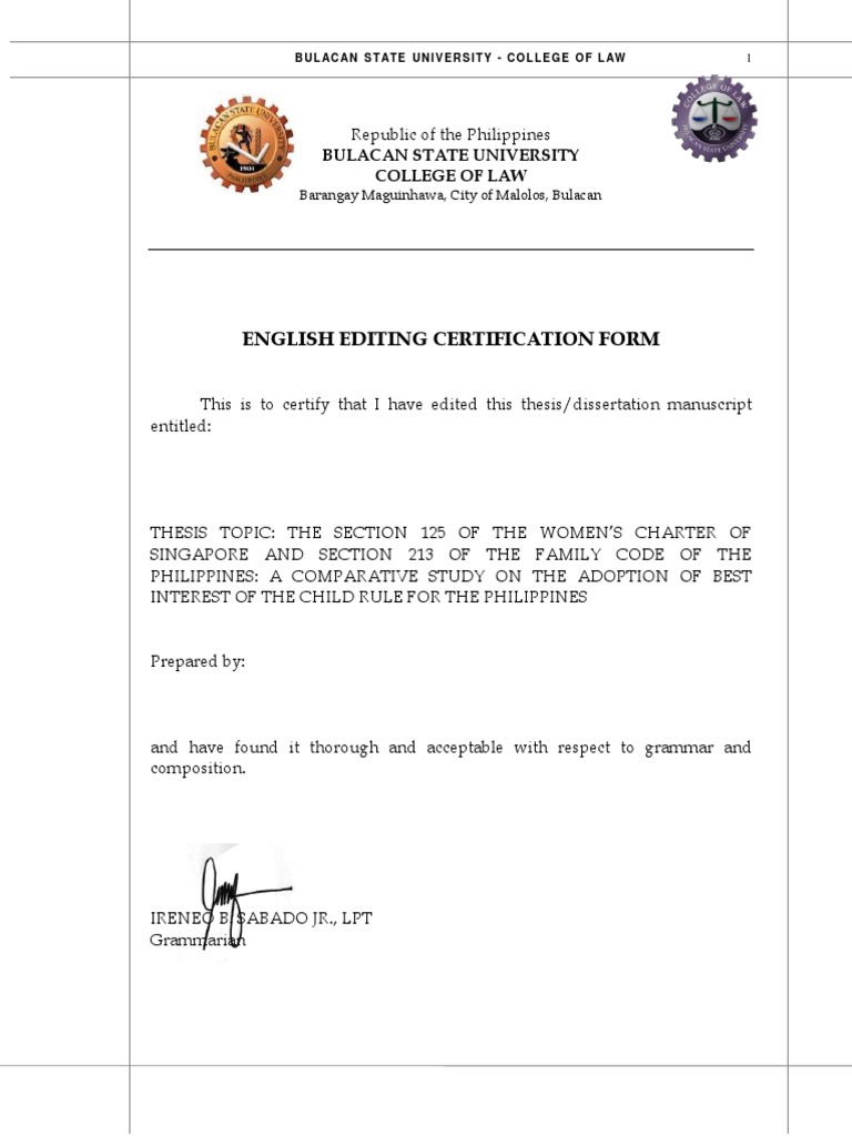 English Editing Certification Form: Bulacan State University College of ...